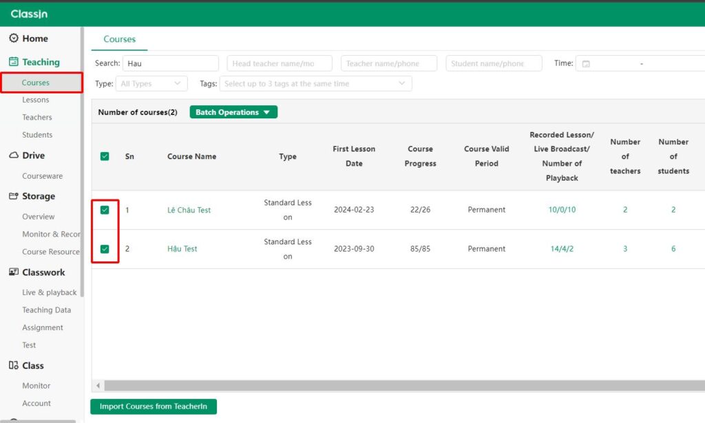 Thao tác hàng loạt với Khoá học và Bài học (Batch operations) - ClassIn ...